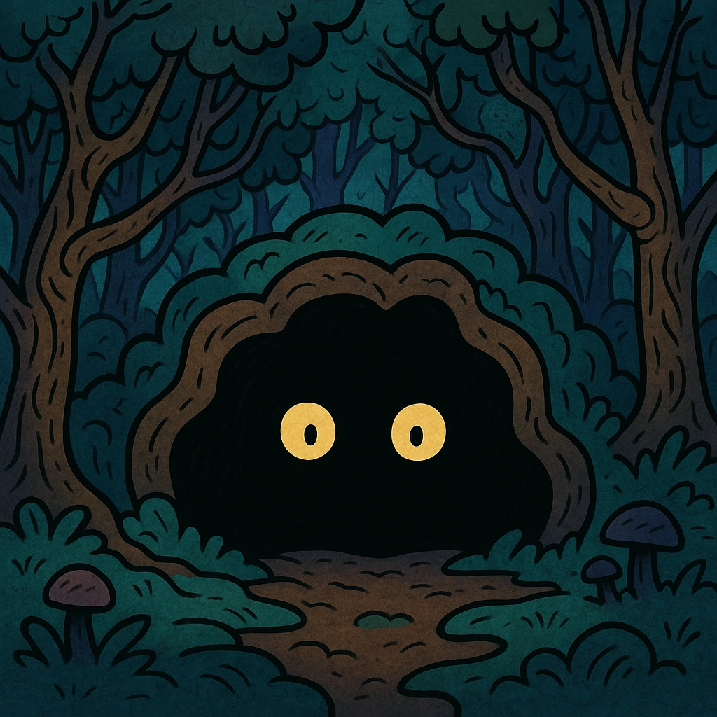 A cartoon dark forest background with lynx eyes in the dark den ...
