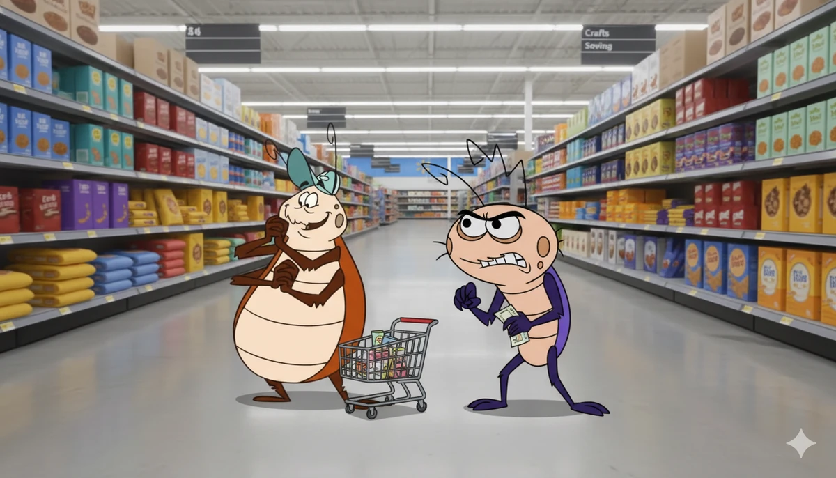 Rube Roach (Reg Bugs Out design) and Reg Roach are walking in Walmart ...