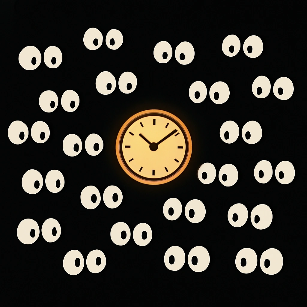 Cartoon eyes in the dark with the glowing ticking clock (Copilot AI ...
