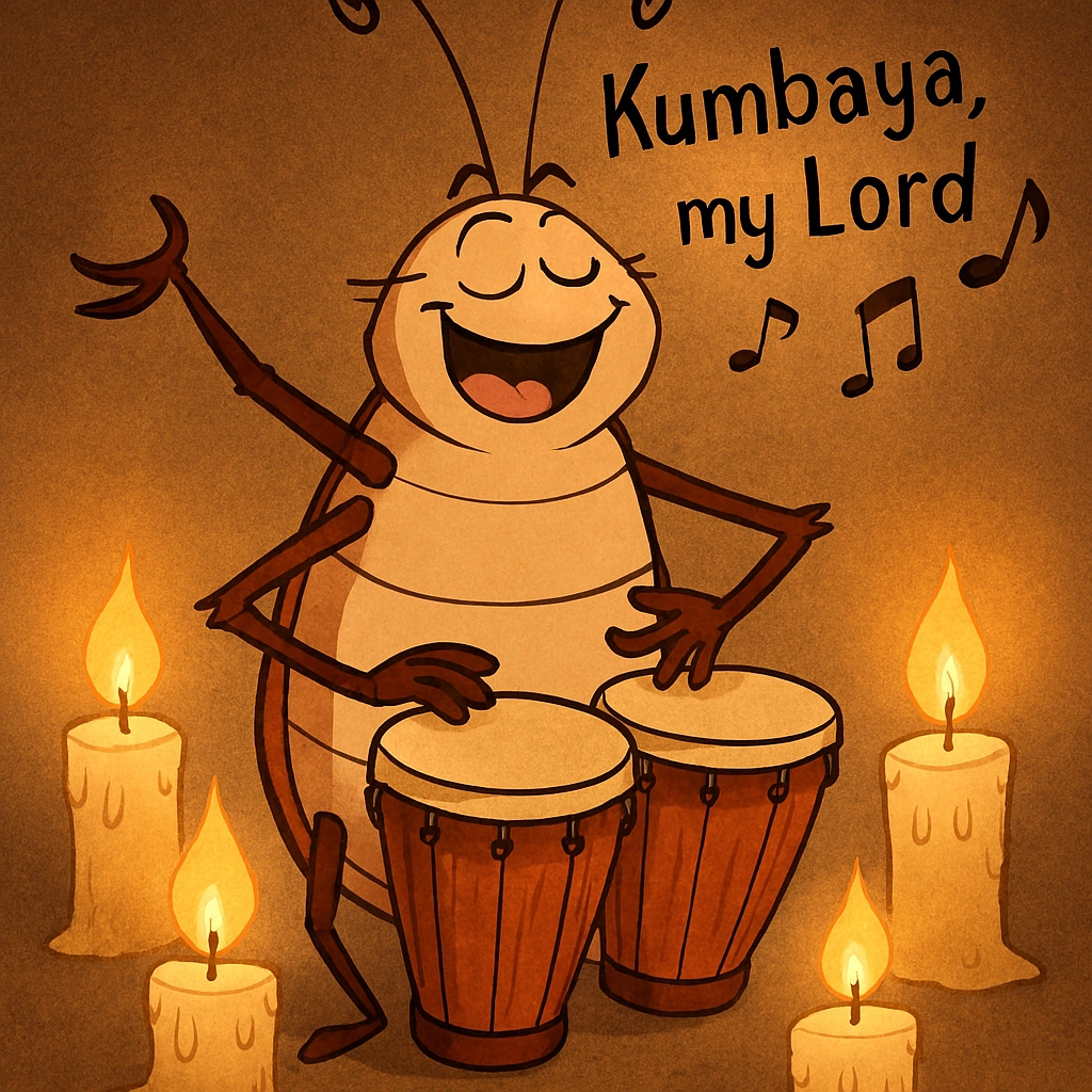 Rube Roach are playing the bongo drum and singing Kumbaya My Lord with ...