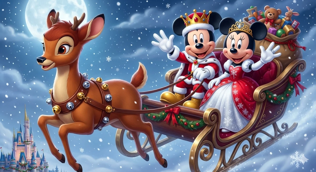 King Mickey and Queen Minnie are riding on Santa's sleigh with Bambi ...