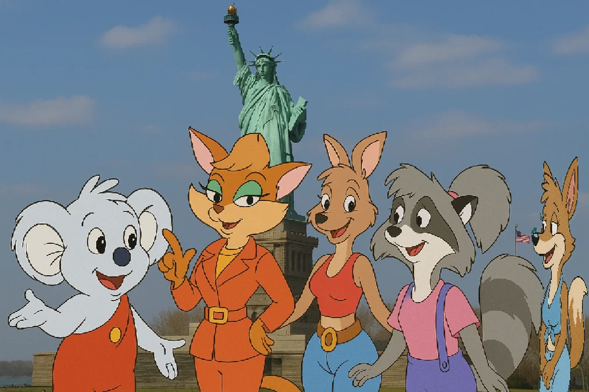Blinky Bill sees Tabitha Wildcat, Matilda Roo, Daisy Dingo and Lisa Raccoon at Statue of Liberty ...