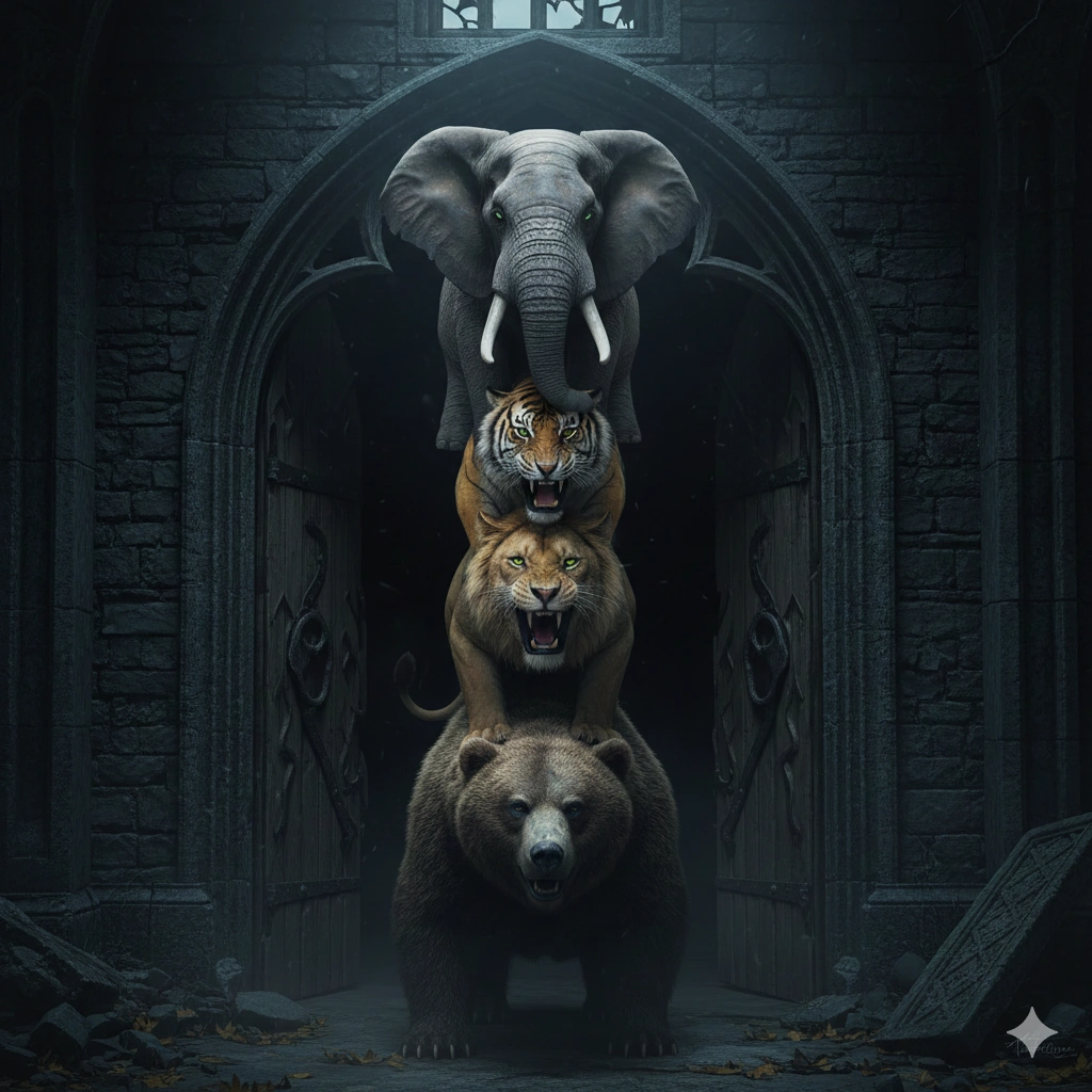 A lion, A tiger, A big bear and A huge elephant are out in the doorway ...