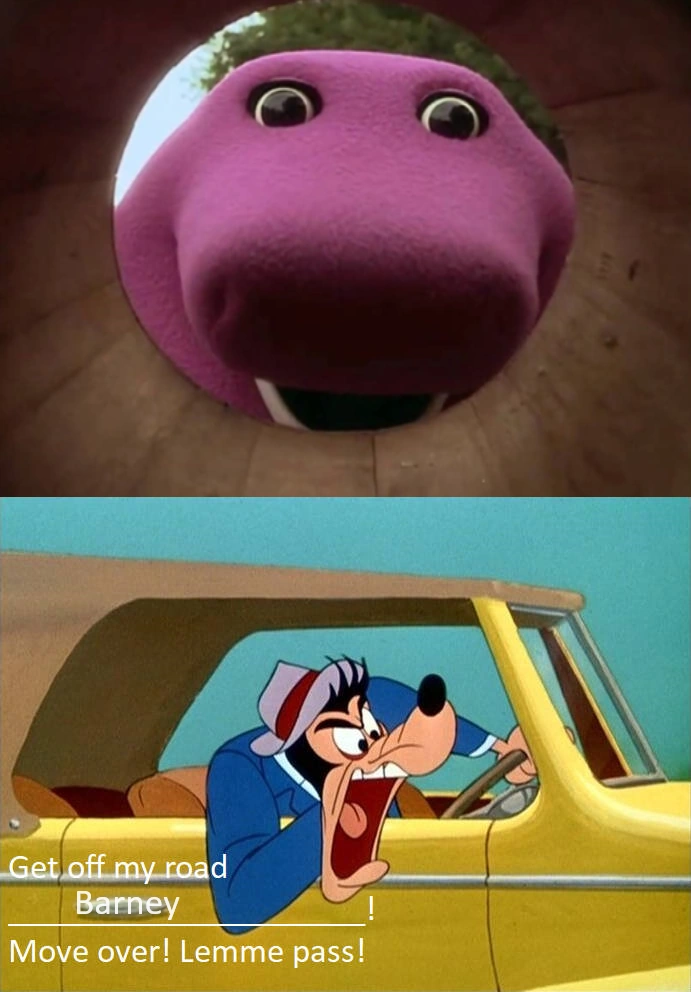 Goofy shouts at Barney the Dinosaur (DeviantArt stuff) | Fan art Fun ...