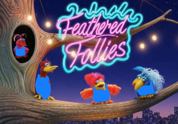 Harvey, Doris, Shirley and Mel birds wear overalls in Feathered Follies ...