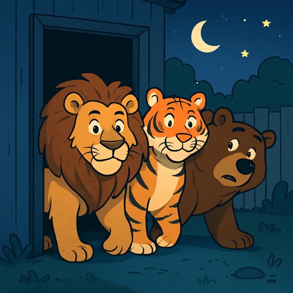 Troublesome toymakers hiding in the dark - A lion, a tiger and a big bear walking out of the ...