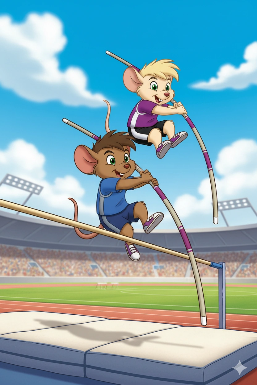 Martin Brisby and Willy the Woodmouse are both as athletes in mid air ...