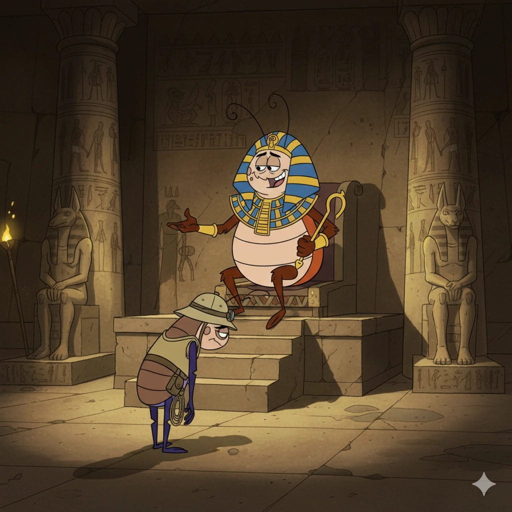 Safari Explorer Rube Roach bowing down to King Pharaoh Reg Roach in King Pharaoh Reg Roach's ...