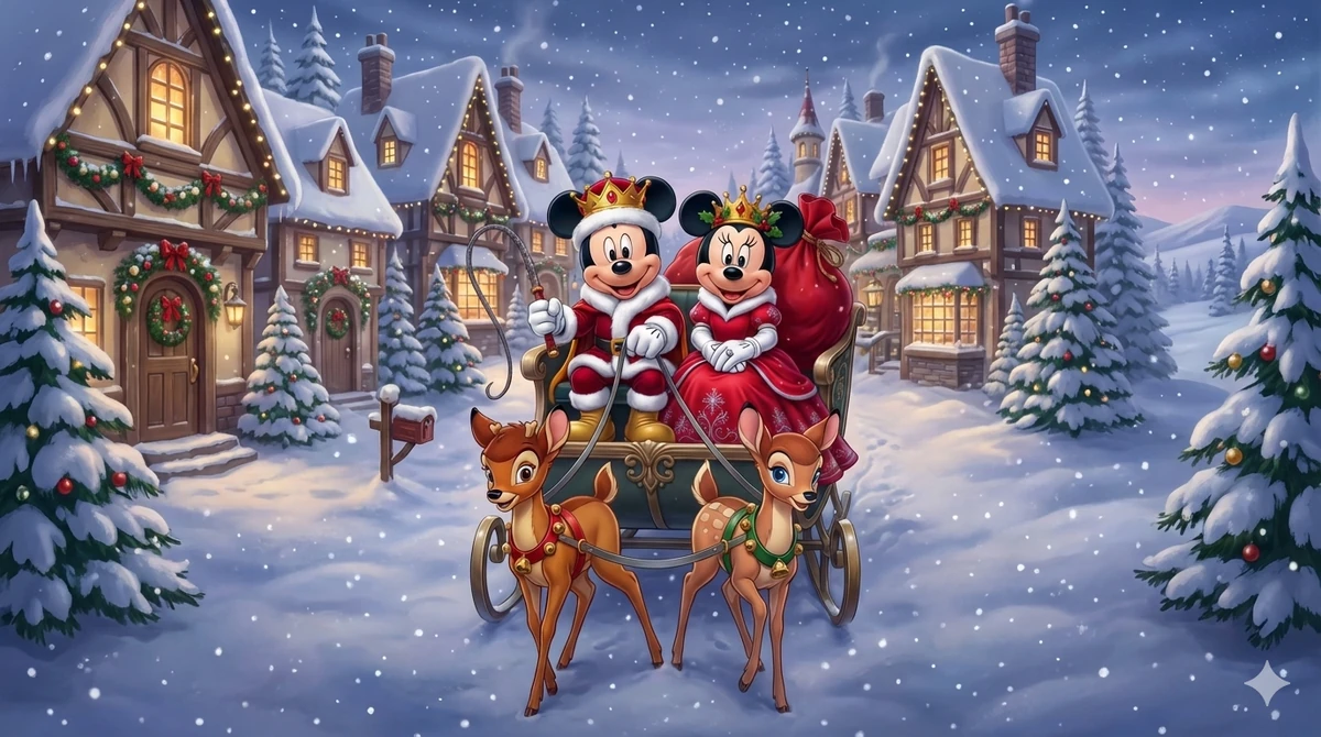 King Mickey and Queen Minnie riding on a sleigh with Bambi and Faline ...