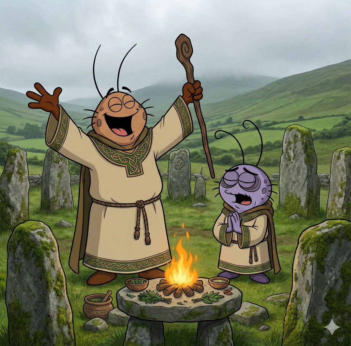 Rube Roach and Reg Roach in druid ritual prayer and singing at ireland ...