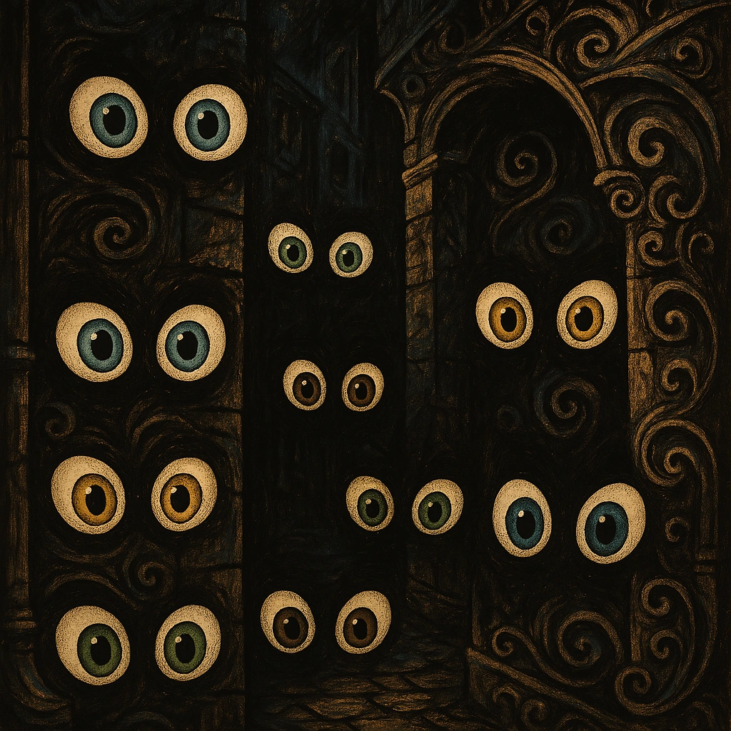 Many pairs of cat like people eyes glowing in the dark cartoon ...