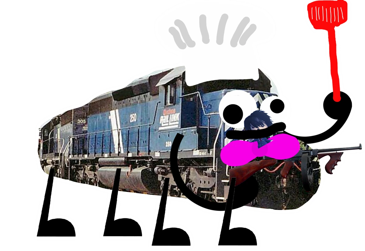 An ATSF SD40-2 with googly eyes, object show limbs, and a cute bow tie ...