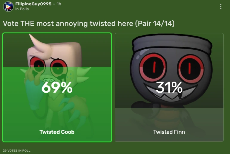 Twisted Goob won at 69%! Second begins! | Fandom