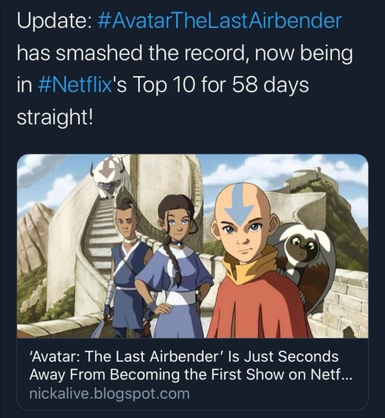 ATLA in Netflix top 10 for 58 days! | Fandom