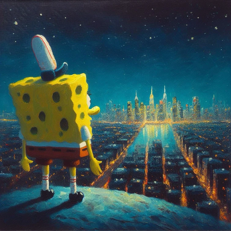 Some AI Art of SpongeBob Looking at the City Skyline at Night | Fandom