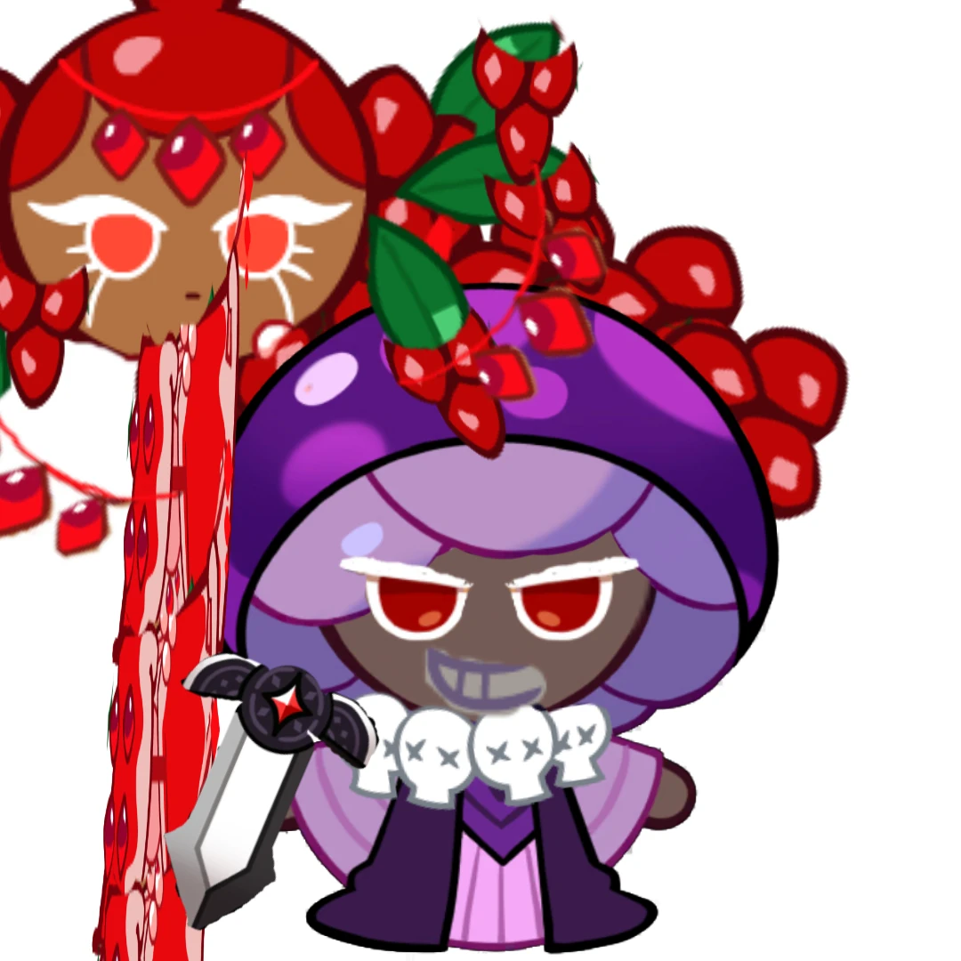 Weird looking Poison Mushroom cookie trying to cut a Pomegranate tree ...