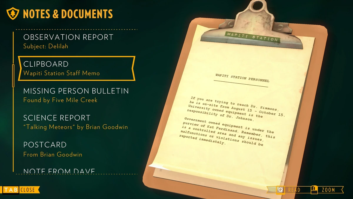 Clipboard (Wapiti Station Staff Memo) - Firewatch Wiki