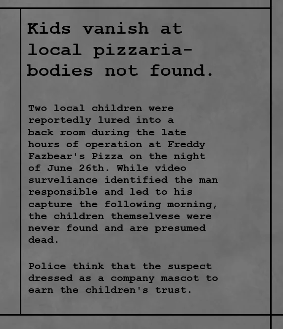 The Missing Children Incident | Fazbear Entertainment Media Wiki | Fandom