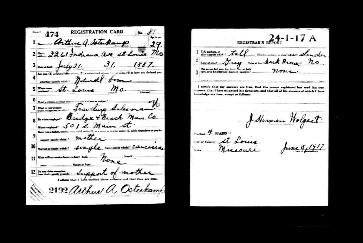 Arthur Osterkamp military registration card | Familypedia | Fandom