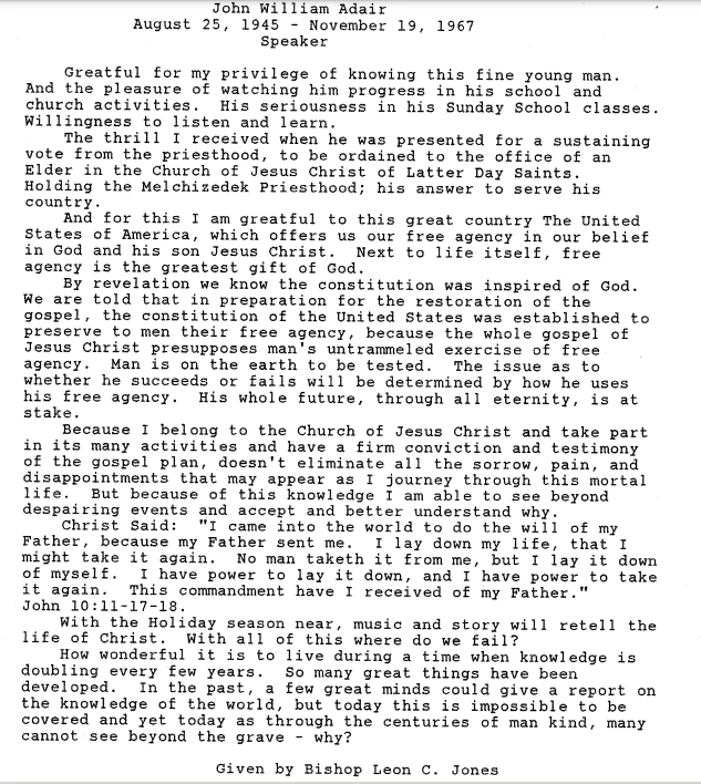 John William Adair (1945-1967) | Familypedia | Fandom