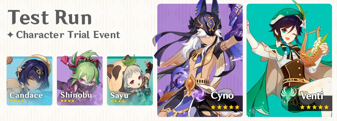 Test Run - Cyno, Venti, Candace, Kuki Shinobu, Sayu | Genshin Impact ...