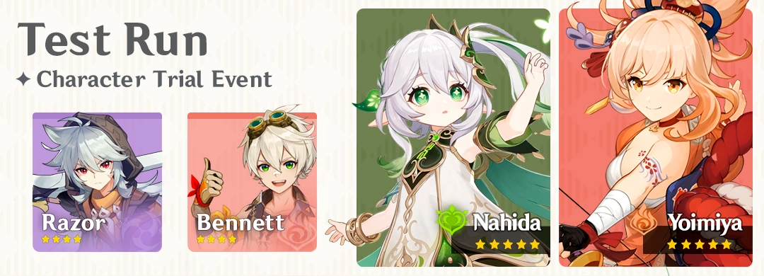 Test Run - Nahida, Yoimiya, Razor, Bennett | Genshin Impact Viki | Fandom