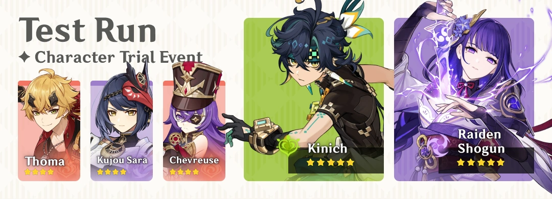 Test Run - Kinich, Raiden Shogun, Thoma, Kujou Sara, Chevreuse ...