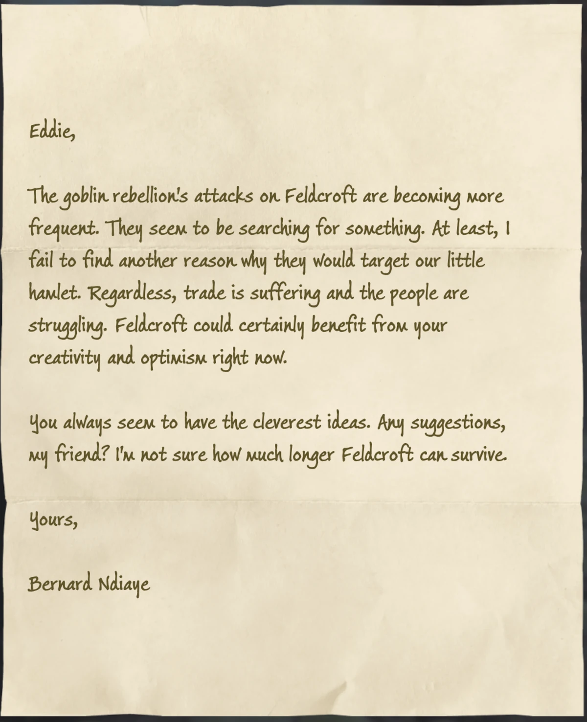 Bernard Ndiaye's letter to Eddie Thistlewood | Harry Potter Wiki | Fandom