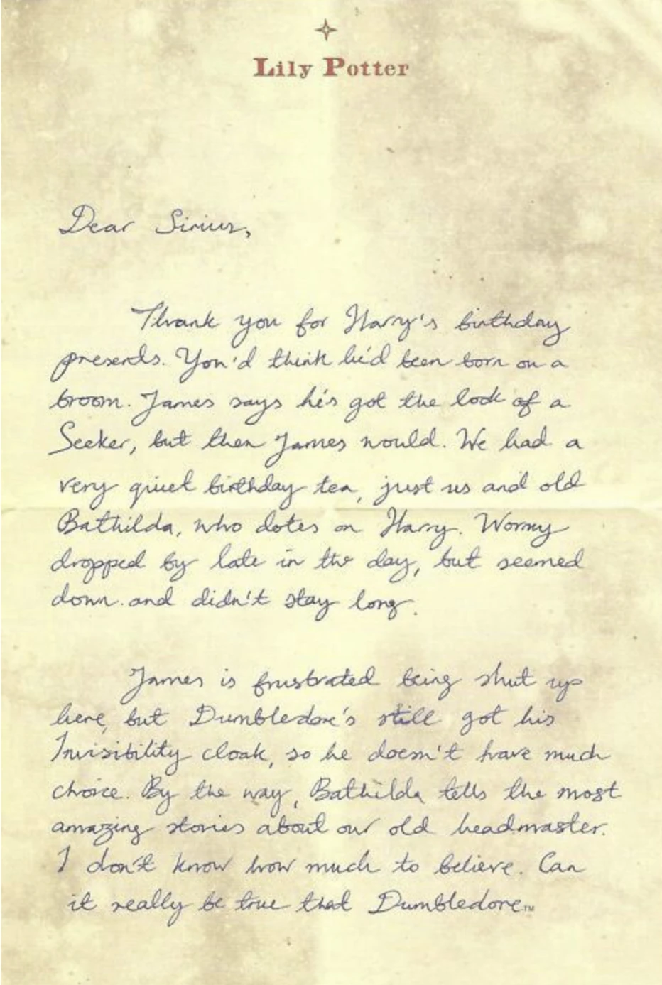 Lily Potter (I)'s letter to Sirius Black | Harry Potter Wiki | Fandom