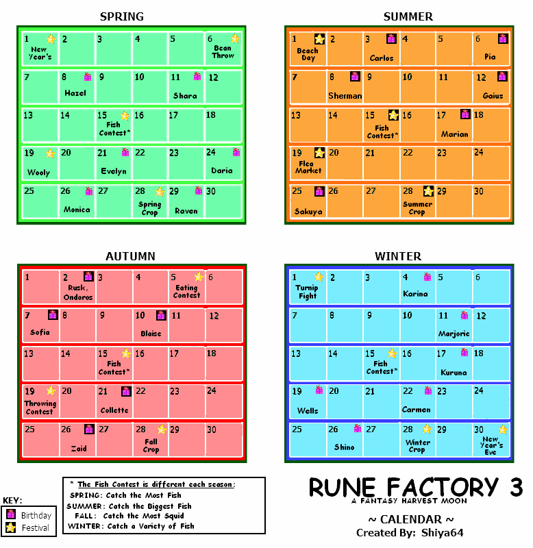 Calendar | Rune Factory Wiki | Fandom