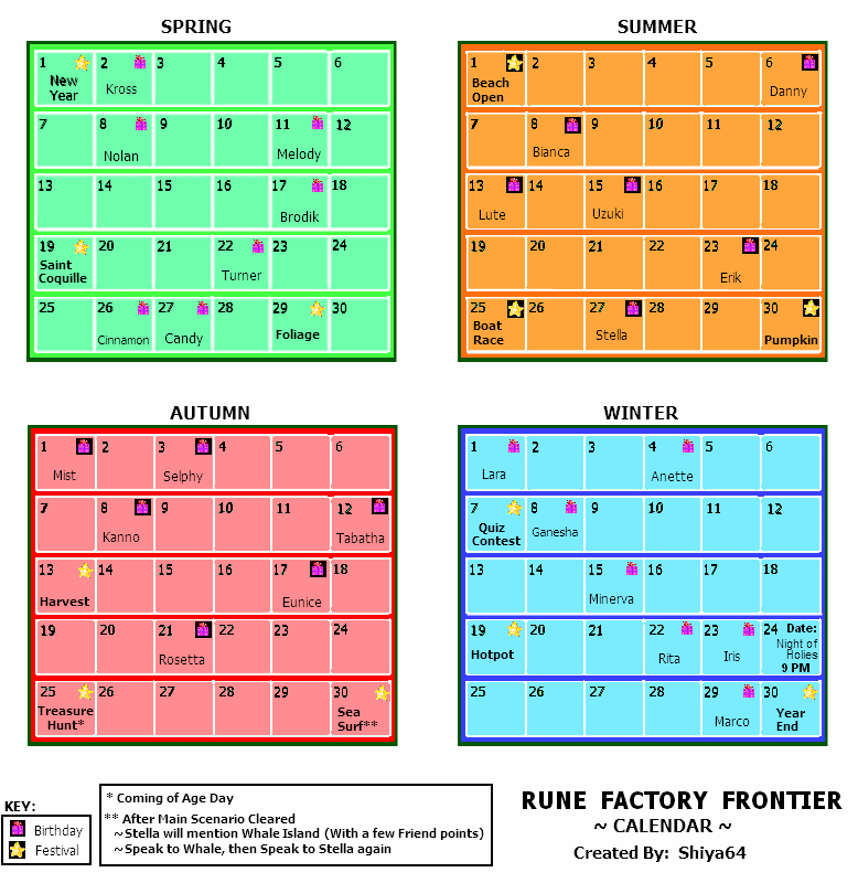 Calendar | Rune Factory Wiki | Fandom