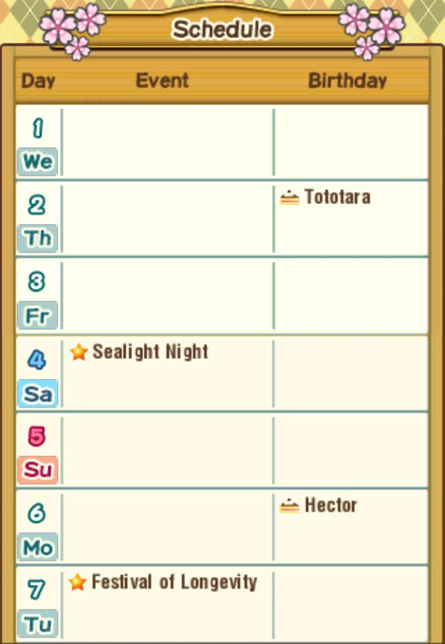 Calendar (Trio) | The Harvest Moon Wiki | Fandom