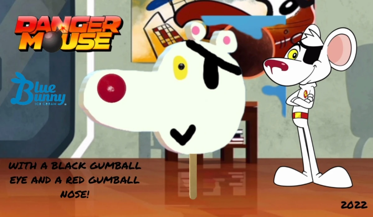 Danger Mouse popsicle with a black gumball eye and a red gumball nose ...