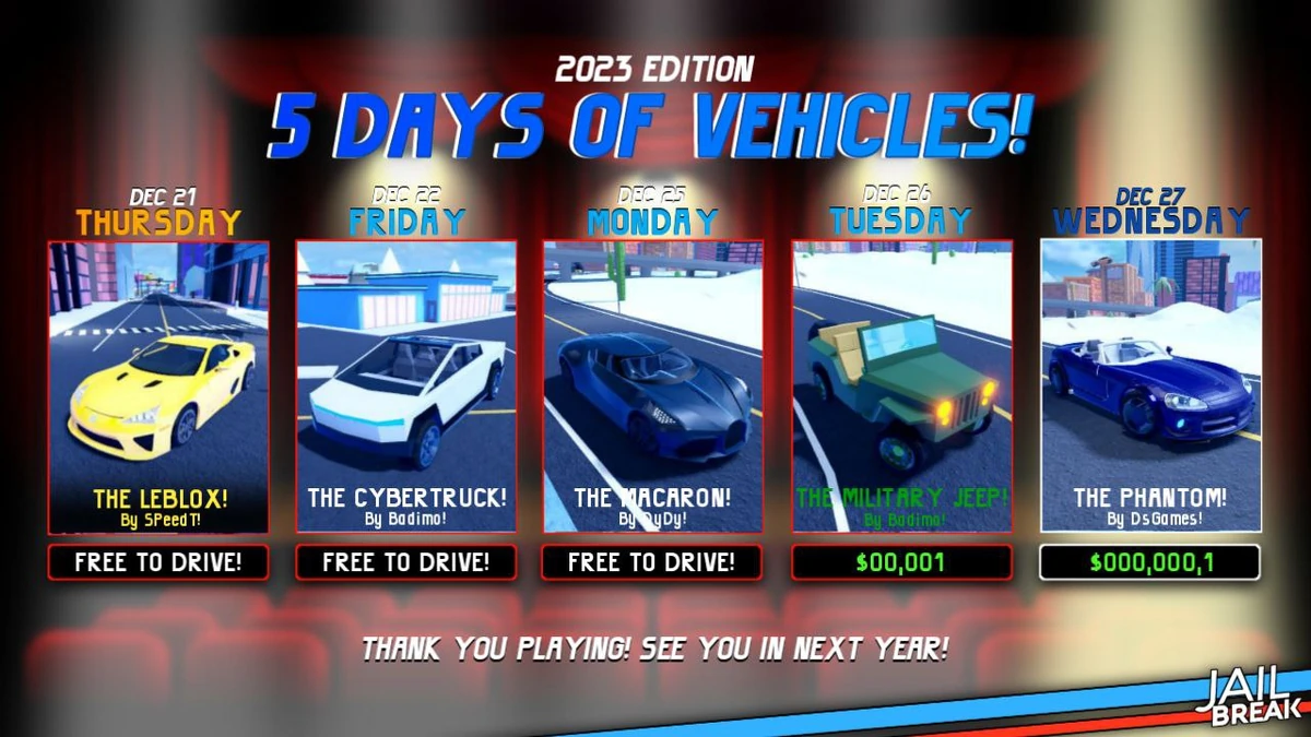 5 Days of Vehicles | Jailbreakcars Wiki | Fandom