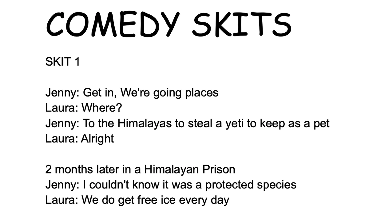Comedy Skits (short story) | Jenny Everywhere Wiki | Fandom