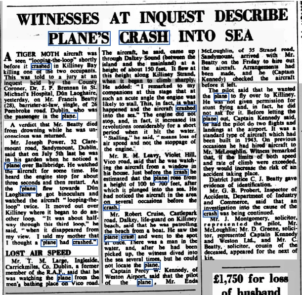 Tragic plane crash in Killiney Bay on 15th July 1955 | Killiney History ...