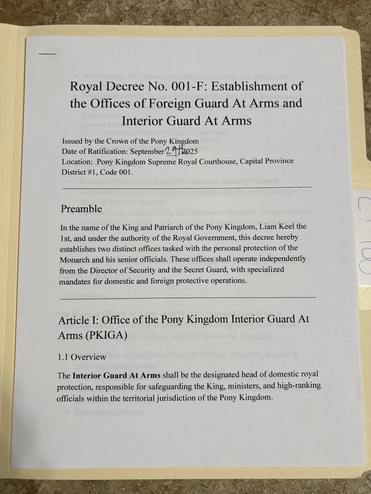 Royal Decree No. 001-F: Establishment of the Offices of Foreign Guard ...