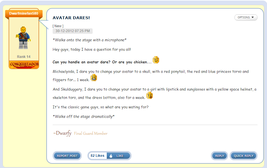 AVATAR DARES! | LEGO Message Boards Wiki | Fandom