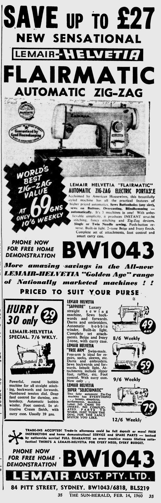 Advert-19600214-SMH,p35 | Lemair Sewing | Fandom