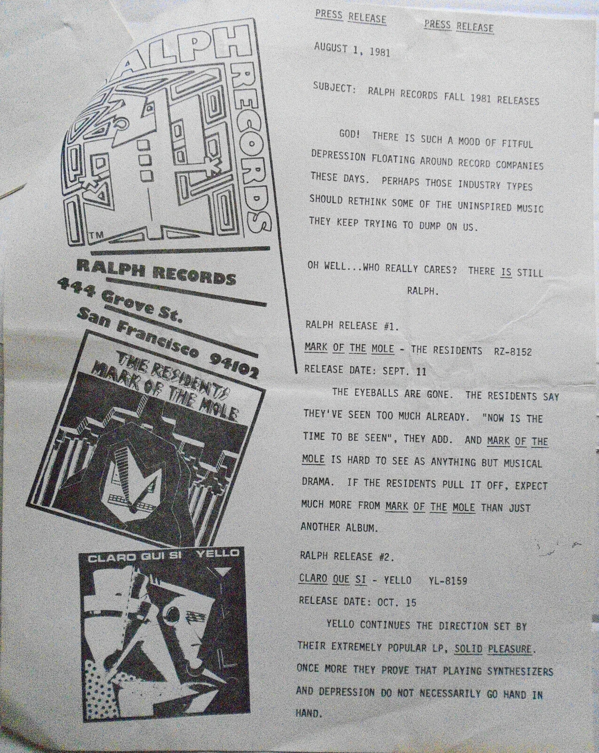 Ralph Records press release, August 1st 1981 | Meet The Residents Wiki ...
