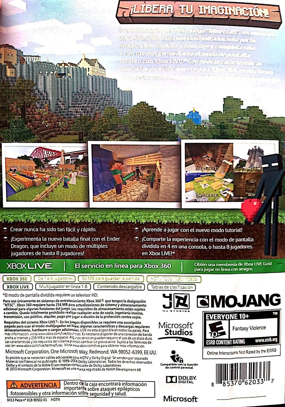 Cubierta De Minecraft Para Xbox 360 ACTUALIZACIÓN Y MAPA: Minecraft