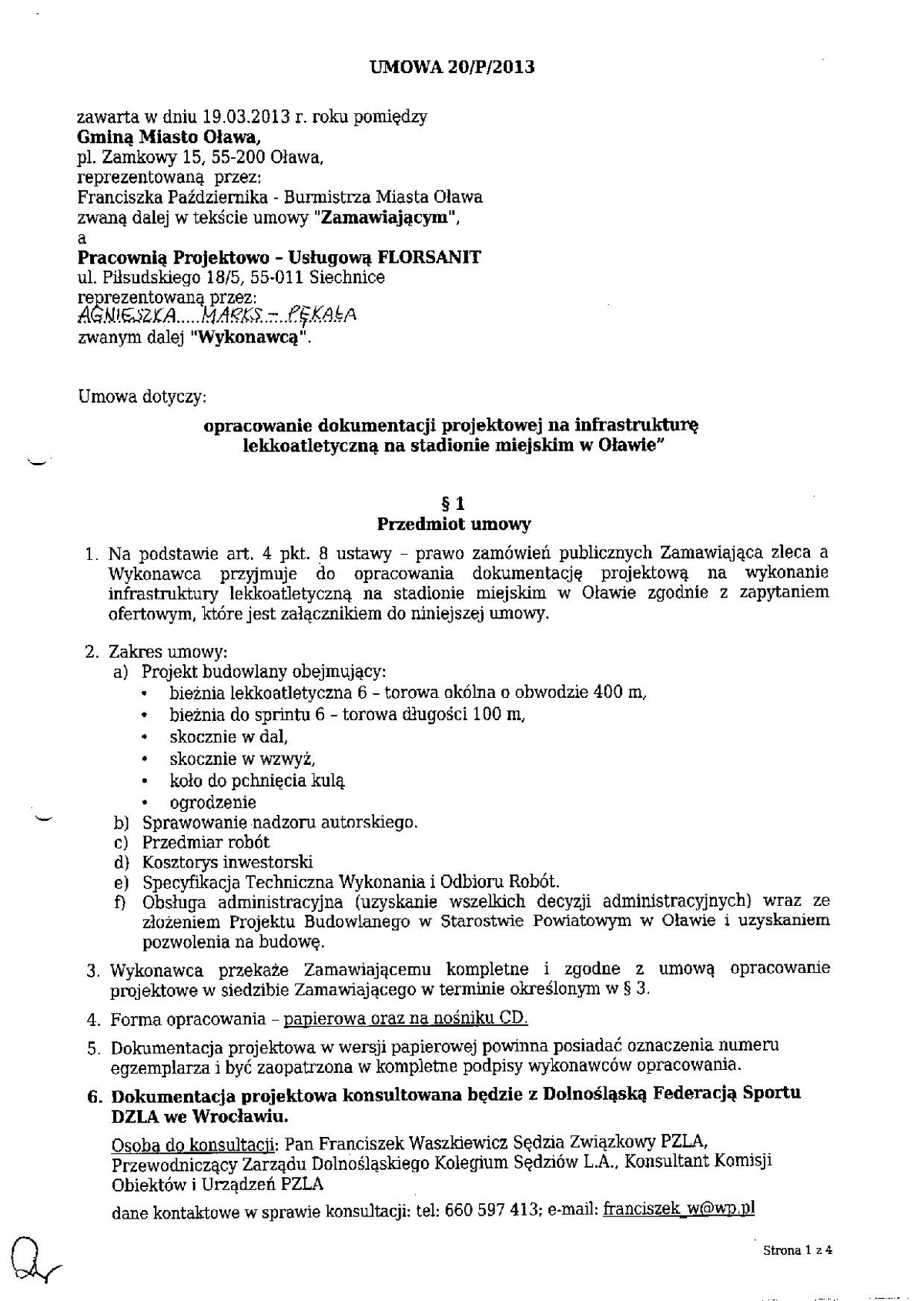Umowa na opracowanie dokumentacji projektowej na infrastrukturę lekkoatletyczną na stadionie ...