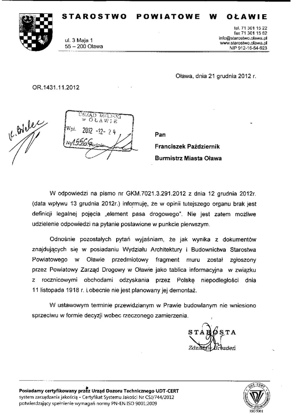 Wniosek o udzielenie informacji publicznej burmistrza Oławy wysłany do starosty powiatu ...