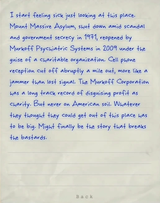 Mount Massive Asylum (note) | Outlast Wiki | Fandom