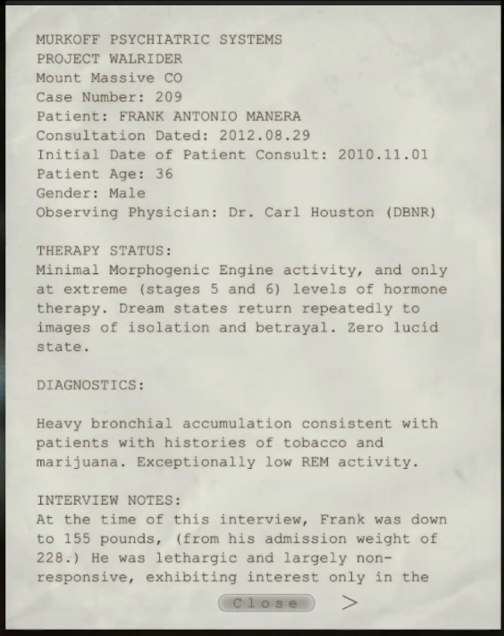 Project Walrider Patient Status Report for Frank Manera | Outlast Wiki ...
