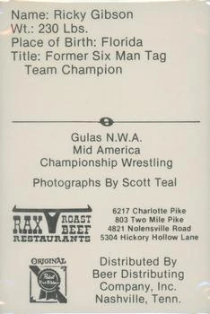 1979 Gulas-Rax Roast Beef Championship Wrestling Ricky Gibson | Pro ...