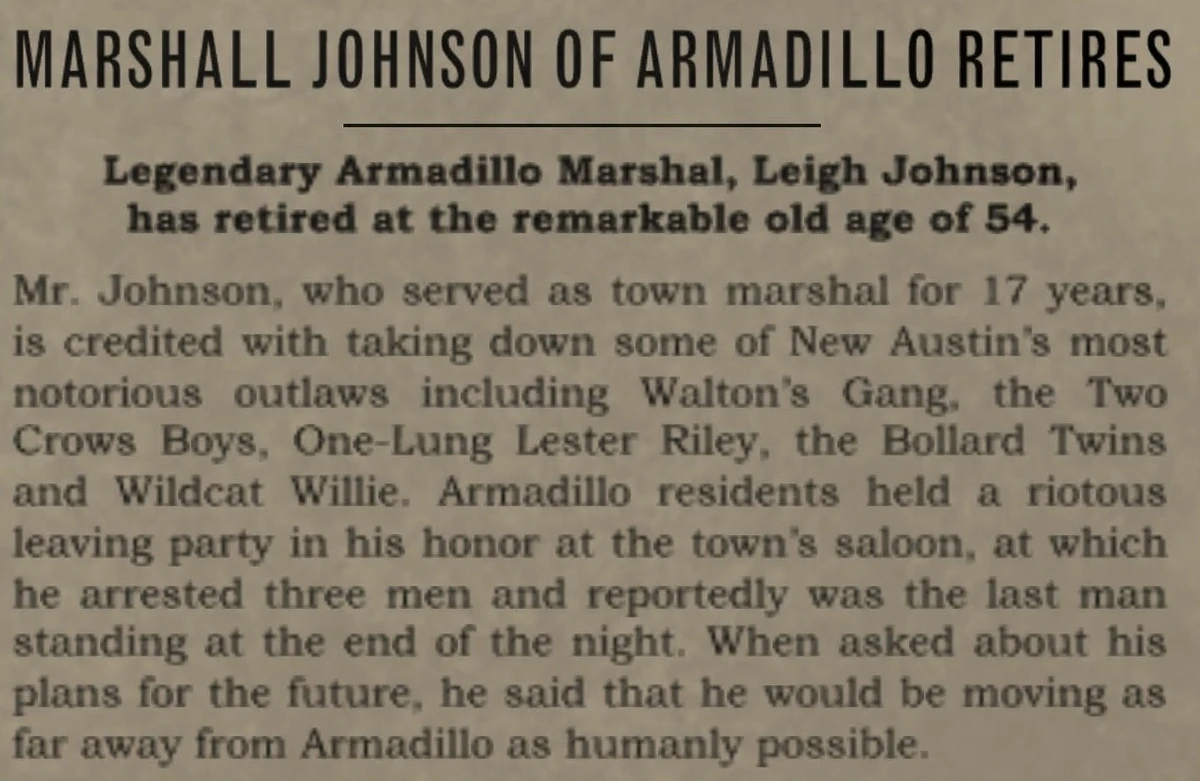 Marshall Johnson of Armadillo Retires | Red Dead Wiki | Fandom