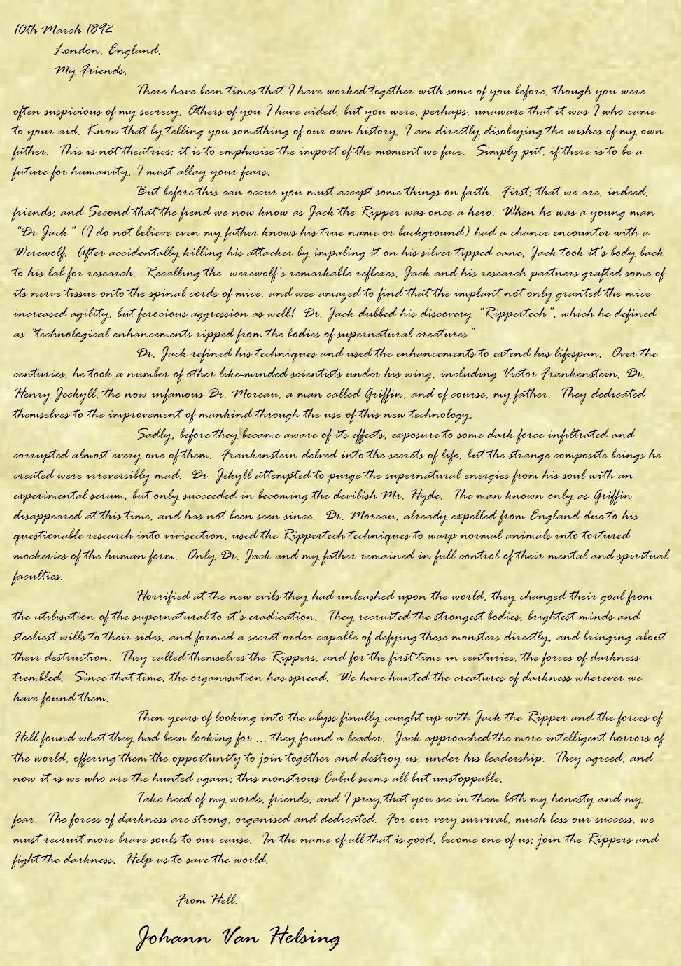 Introductory letter from Van Helsing | Ripper Tales Wiki | Fandom