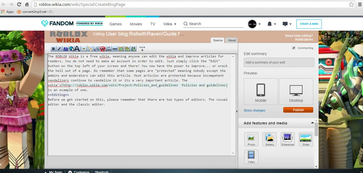 User blog:RollwithRaven/Guide for editing pages. | Roblox Wiki | Fandom