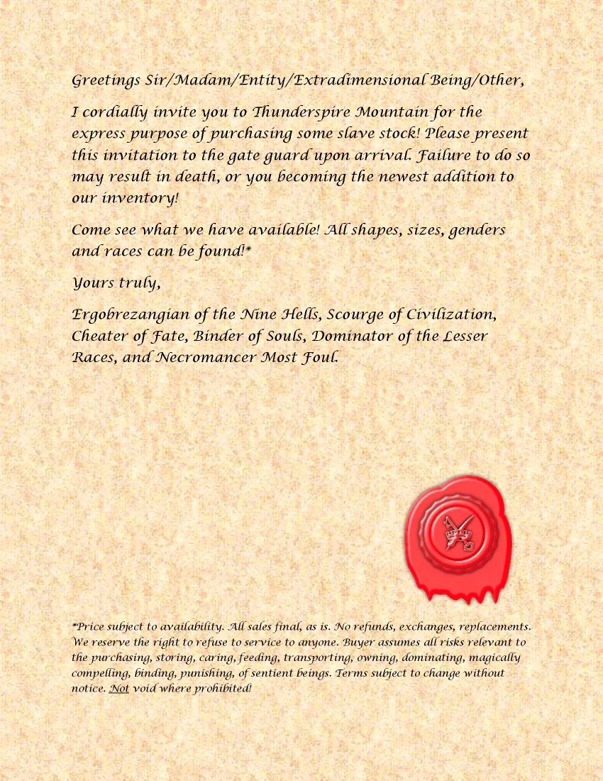 An invitation to purchase slaves from Thunderspire Mountain | RPG | Fandom